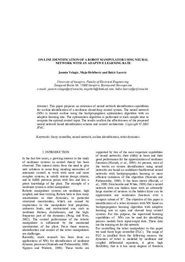 (PDF) On-line identification of a robot manipulator using neural network with an adaptive ...