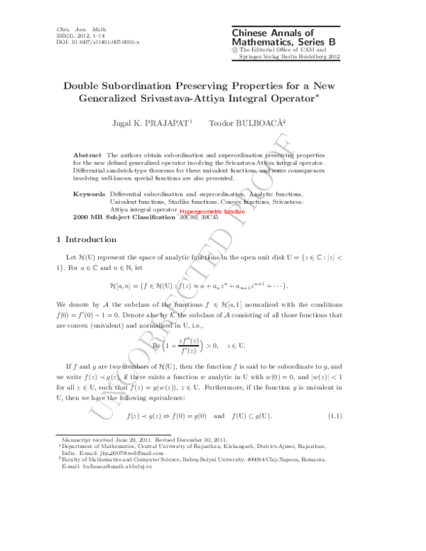 Pdf Double Subordination Preserving Properties For A New Generalized Srivastava Attiya