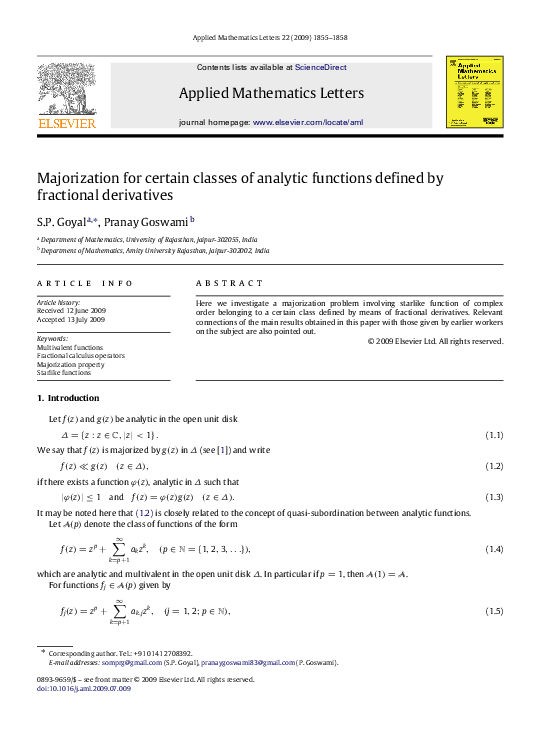 (PDF) Majorization for certain classes of analytic functions defined by fractional derivatives