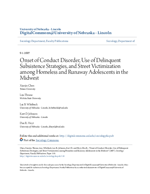 (PDF) Onset of Conduct Disorder, Use of Delinquent Subsistence ...