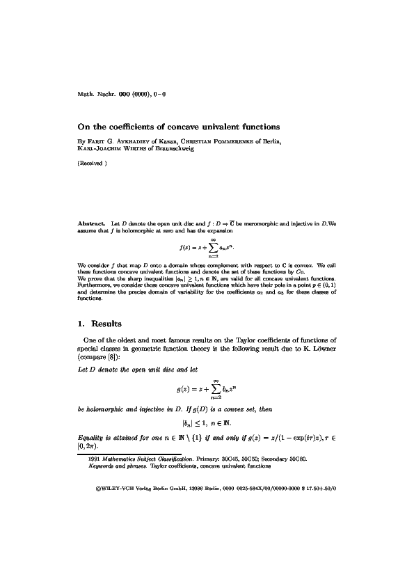 Pdf On The Coefficients Of Concave Univalent Functions