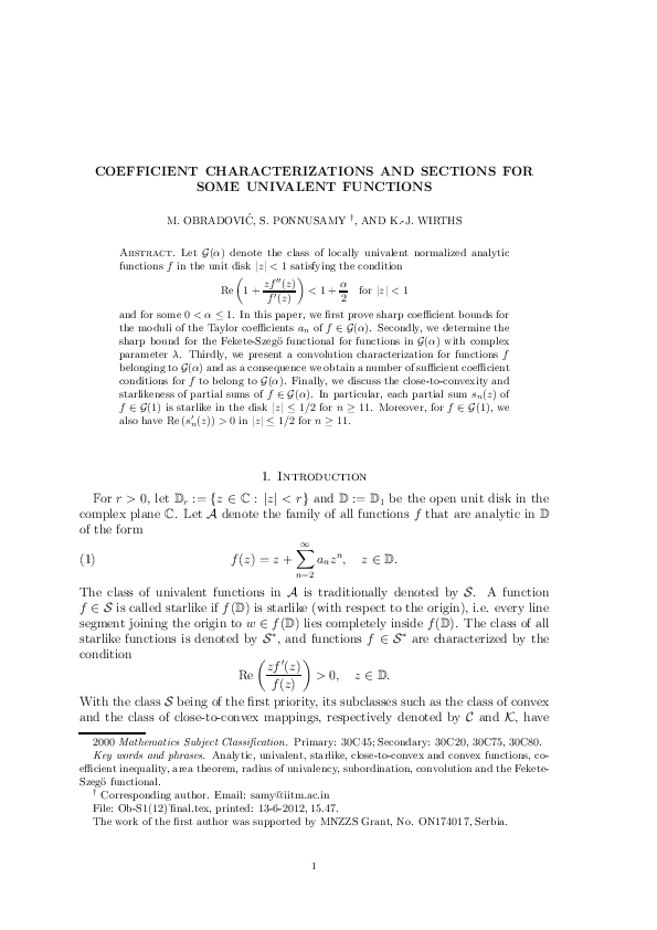 Pdf Coefficient Characterizations And Sections For Some Univalent Functions Karl Joachim