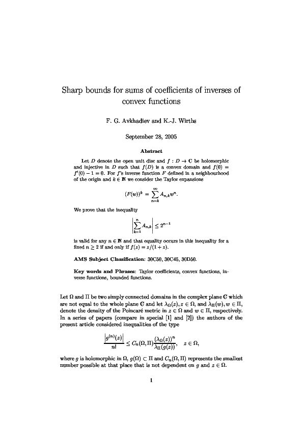 (PDF) Sharp Bounds for Sums of Coefficients of Inverses of Convex Functions | Karl-joachim ...