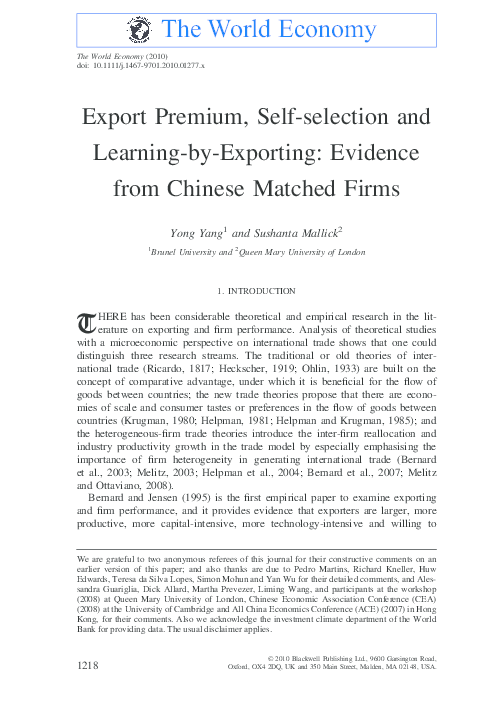 (PDF) Export Premium, Self-selection and Learning-by-Exporting ...