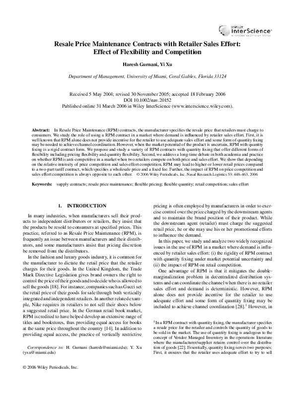 (PDF) Resale price maintenance contracts with retailer sales effort ...