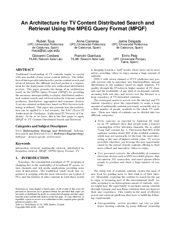 (PDF) An Architecture for TV Content Distributed Search and Retrieval Using the MPEG Query ...