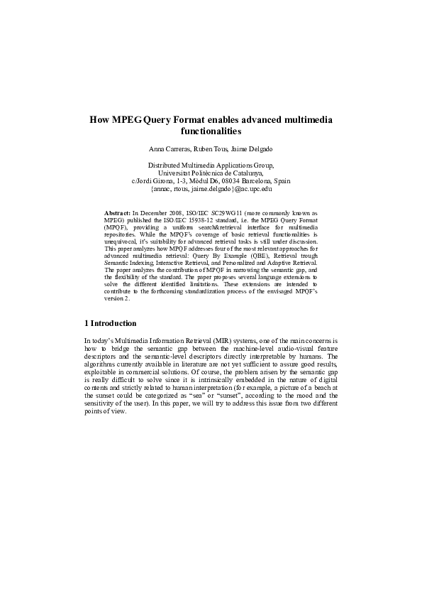 (PDF) How MPEG Query Format enables advanced multimedia functionalities