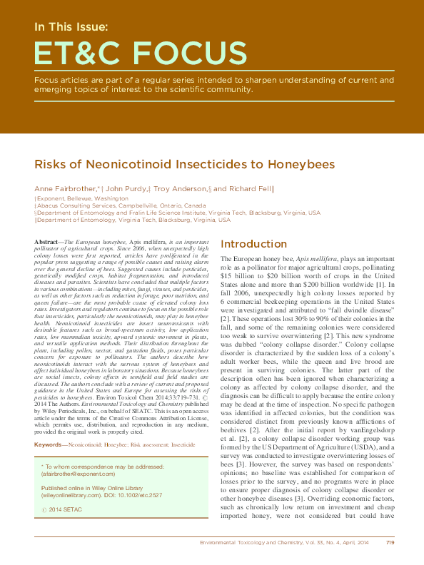(PDF) Risks of neonicotinoid insecticides to honeybees