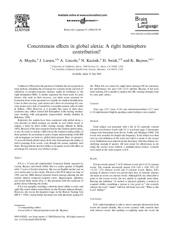 (PDF) Concreteness effects in global alexia: A right hemisphere contribution?