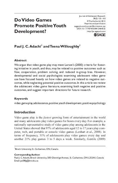 (PDF) Do Video Games Promote Positive Youth Development?
