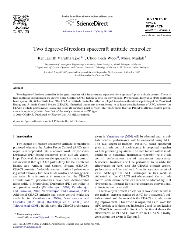 (PDF) Two degree-of-freedom spacecraft attitude controller | Renuganth Varatharajoo - Academia.edu
