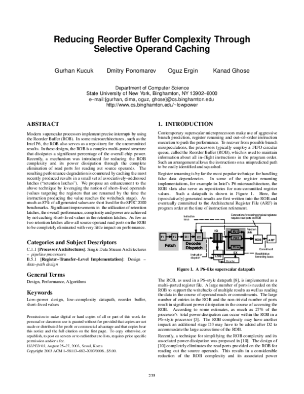 (PDF) Reducing reorder buffer complexity through selective operand caching