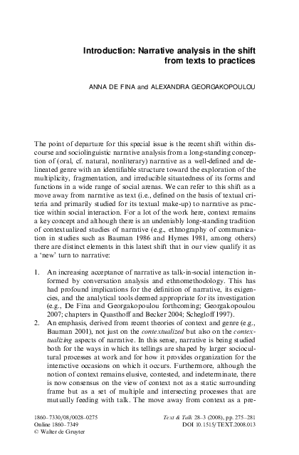 (PDF) Introduction: Narrative analysis in the shift from texts to practices