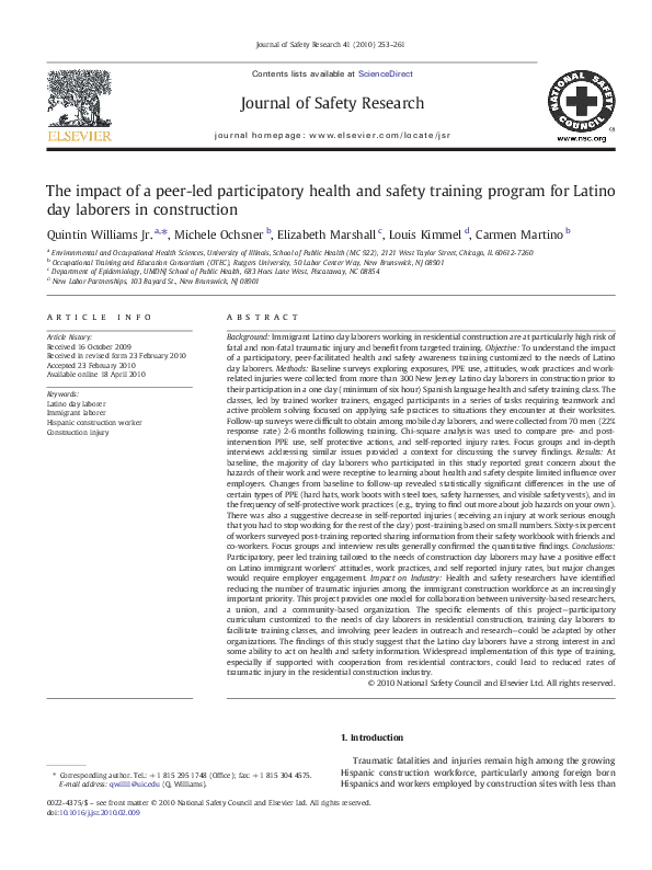 (PDF) The impact of a peer-led participatory health and safety training ...