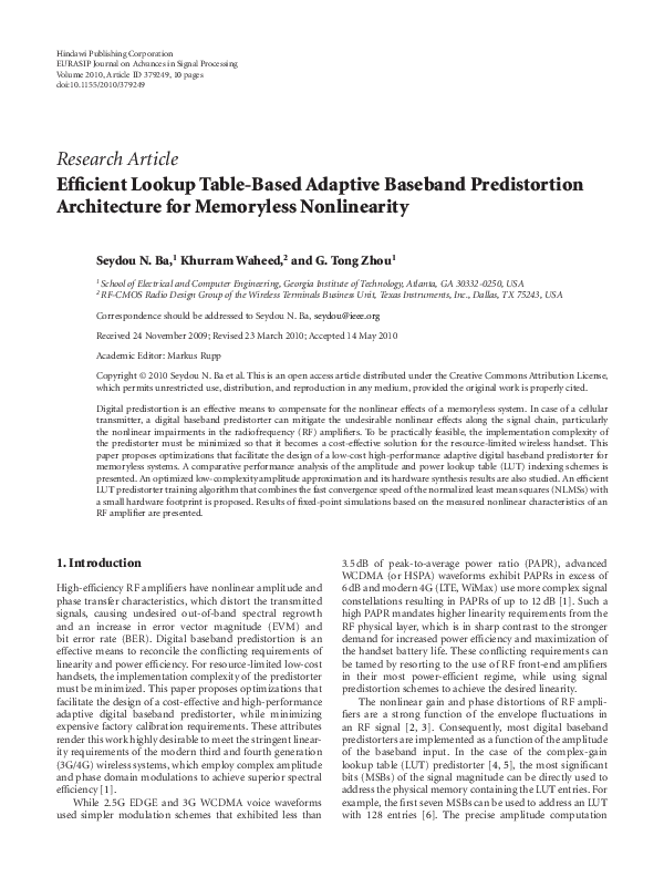 Pdf Efficient Lookup Table Based Adaptive Baseband Predistortion Architecture For Memoryless