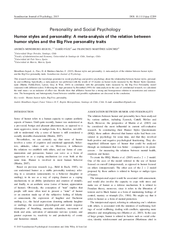 (PDF) Humor styles and personality: A meta-analysis of the relation ...