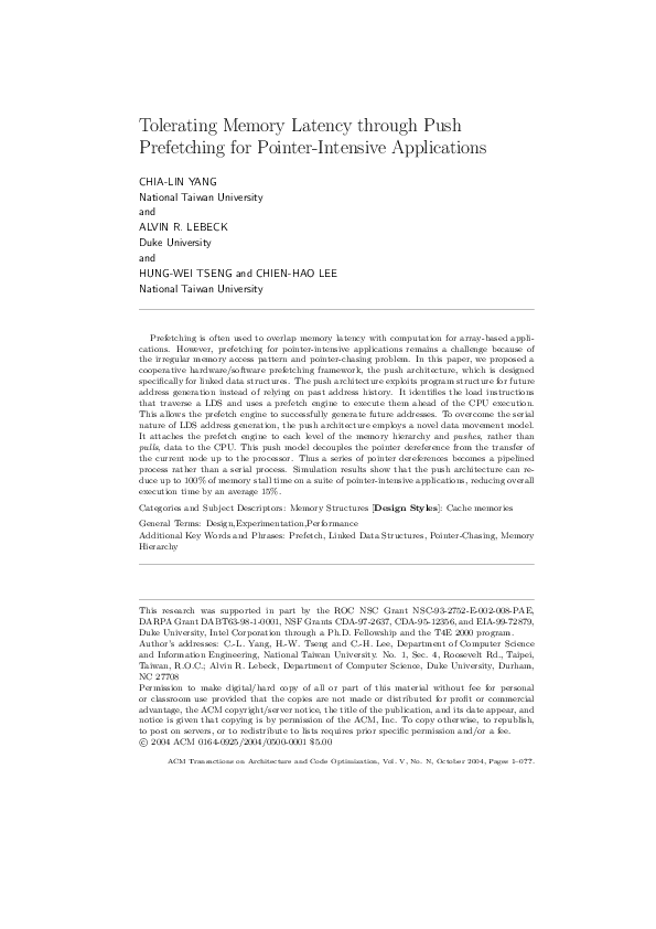 Pdf Tolerating Memory Latency Through Push Prefetching For Pointer