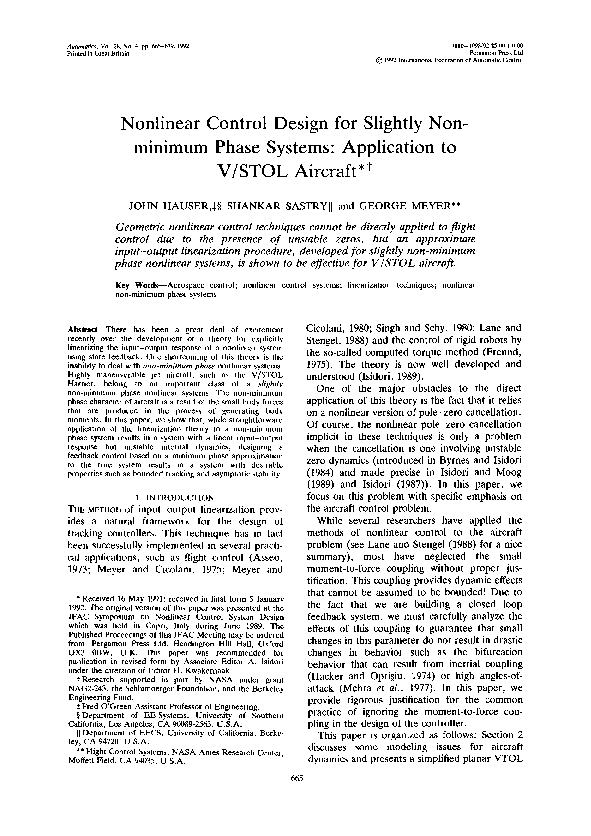 (PDF) Nonlinear control design for slightly non-minimum phase systems ...