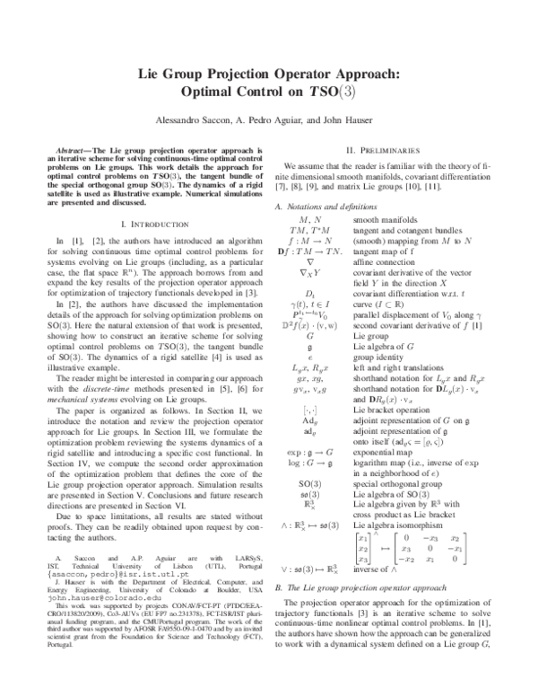 Pdf Optimal Control On Lie Groups The Projection Operator Approach Pedro Davi Cavalcante