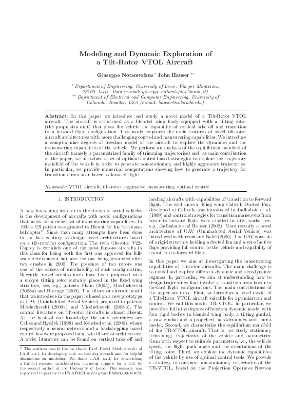 (PDF) Modeling and Dynamic Exploration of a Tilt-Rotor VTOL Aircraft