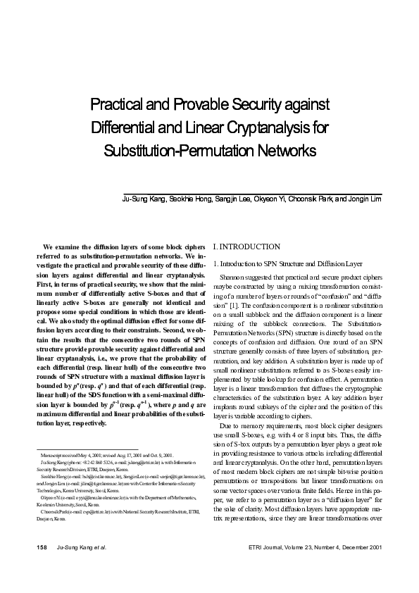 (PDF) Practical and Provable Security against Differential and Linear Cryptanalysis for ...