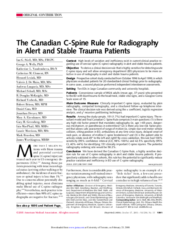 (PDF) The Canadian C-Spine Rule for Radiography in Alert and Stable ...