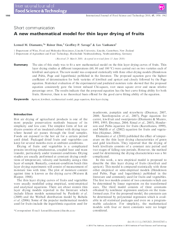 (PDF) Short communication: A new mathematical model for thin layer drying of fruits