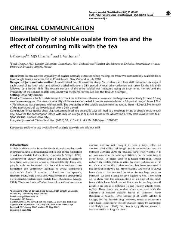 (PDF) Bioavailability of soluble oxalate from tea and the effect of ...