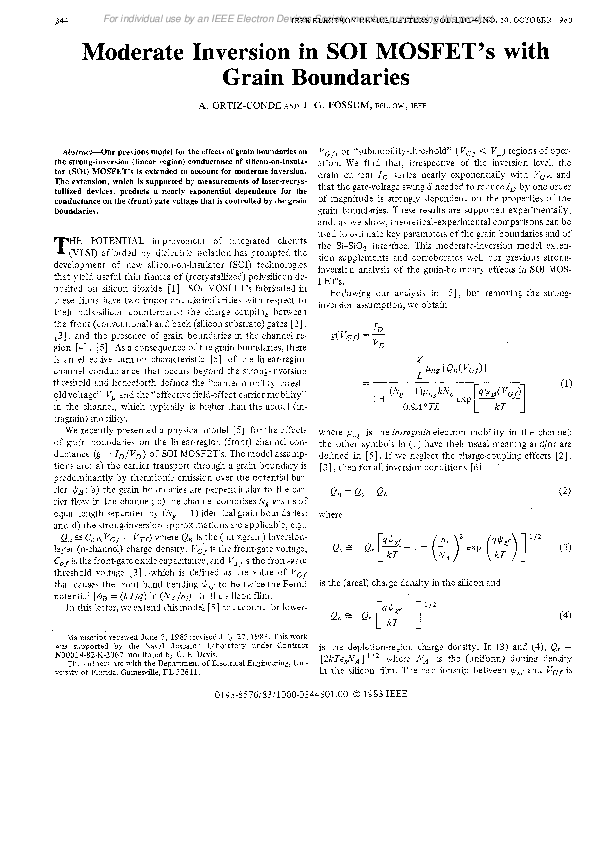 (PDF) Moderate inversion in SOI MOSFET's with grain boundaries