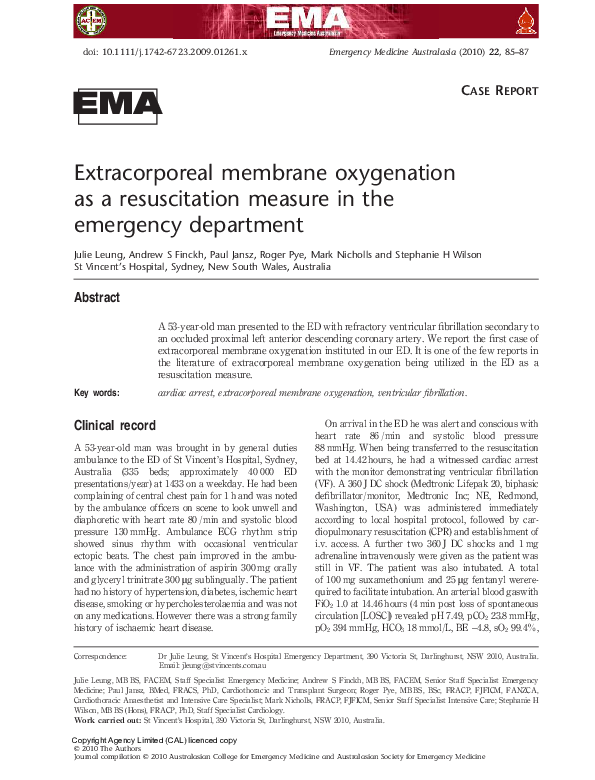 (PDF) Extracorporeal membrane oxygenation as a resuscitation measure in ...