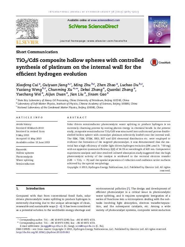 (PDF) TiO2/CdS composite hollow spheres with controlled synthesis of ...