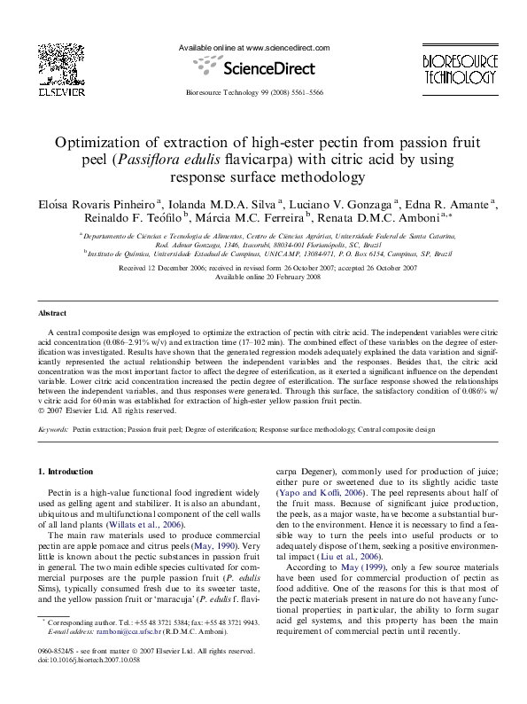 (PDF) Optimization of extraction of high-ester pectin from passion fruit peel (Passiflora edulis ...
