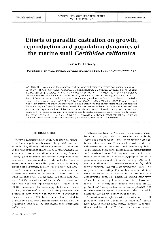 (PDF) Effects of parasitic castration on growth reproduction and ...
