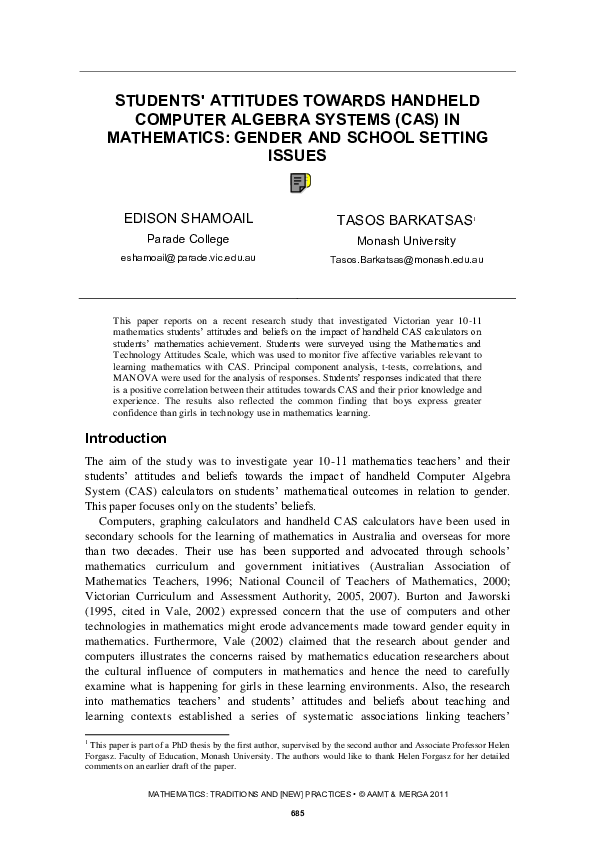 (PDF) STUDENTS' ATTITUDES TOWARDS HANDHELD COMPUTER ALGEBRA SYSTEMS ...