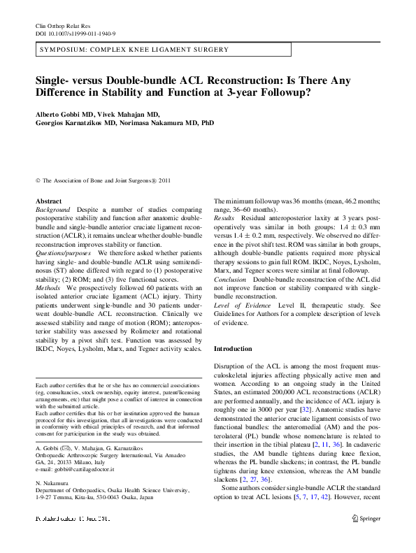 (PDF) Single- versus Double-bundle ACL Reconstruction: Is There Any ...