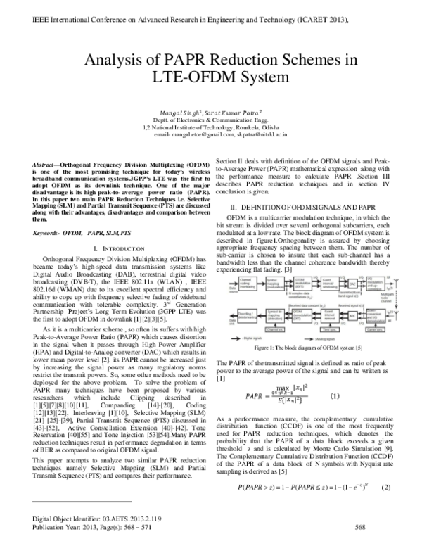 Pdf Analysis Of Papr Reduction Schemes In Lte Ofdm System