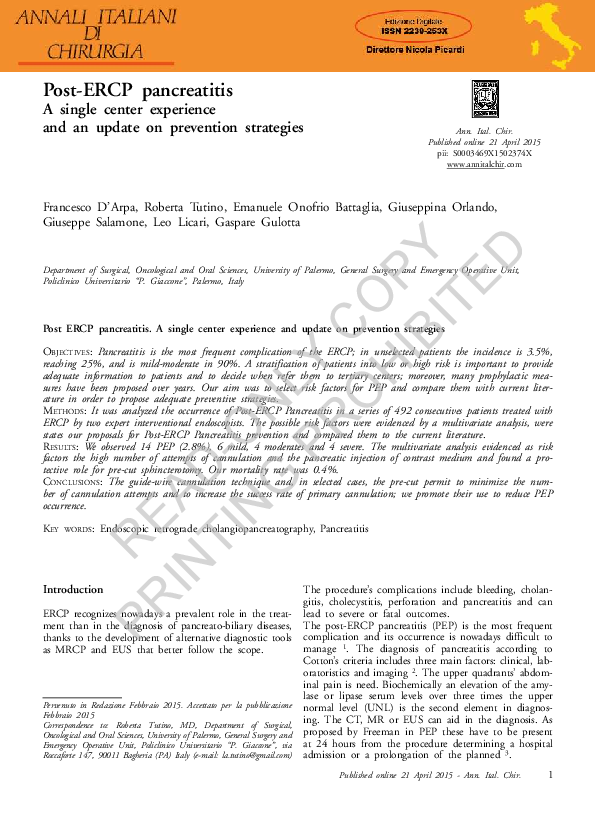 (PDF) Post-ERCP pancreatitis A single center experience and an update ...