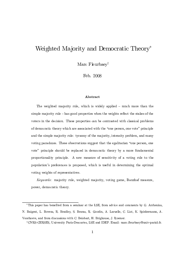 (PDF) Weighted majority and democratic theory