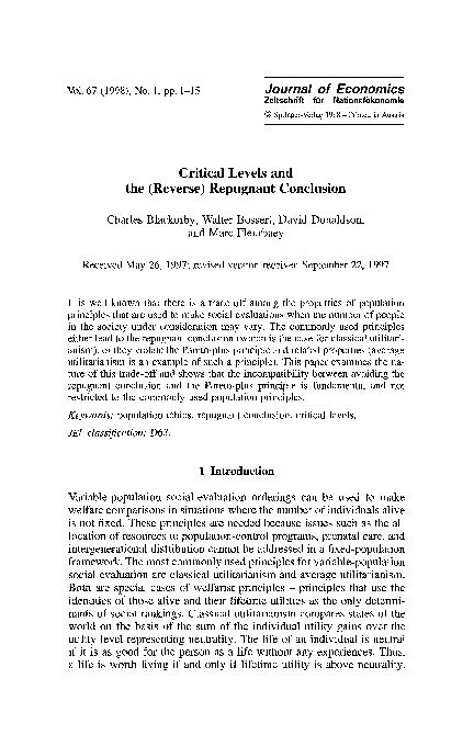 (PDF) Critical levels and the (reverse) repugnant conclusion