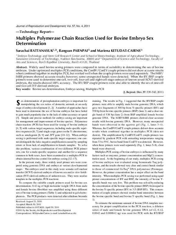 Pdf Multiplex Polymerase Chain Reaction Used For Bovine Embryo Sex Determination