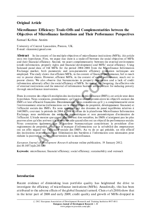 (PDF) Microfinance Efficiency: Trade-Offs and Complementarities between ...