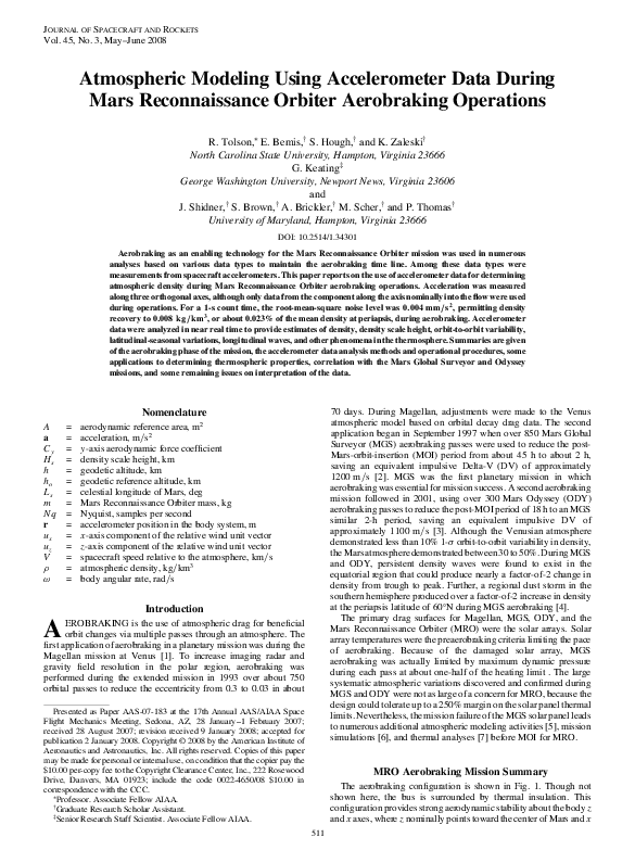 (PDF) Atmospheric Modeling Using Accelerometer Data During Mars Reconnaissance Orbiter ...