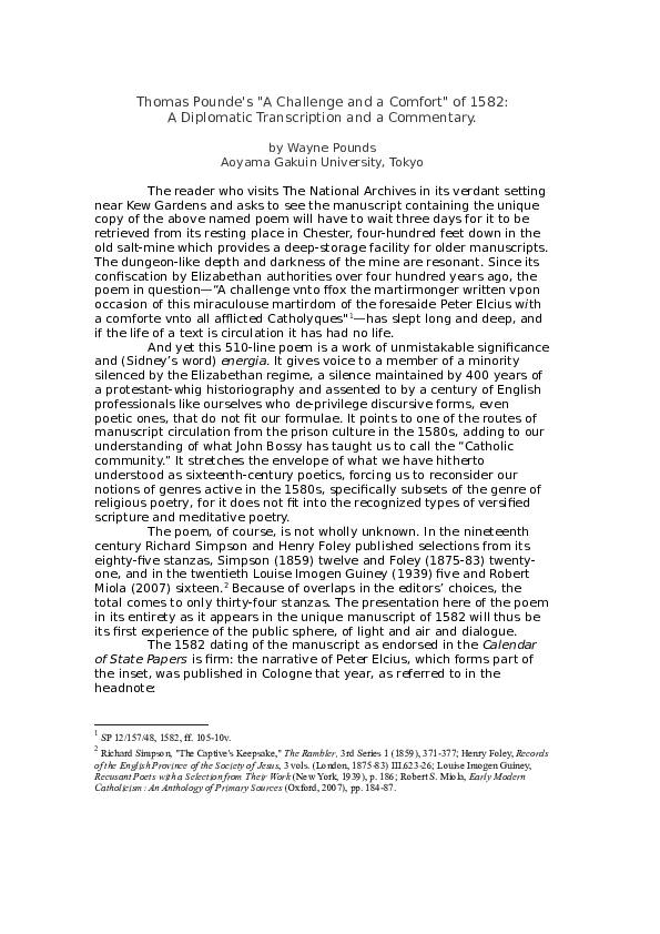 (DOC) Thomas Pounde's "A Challenge and a Comfort" of 1582: Diplomatic ...