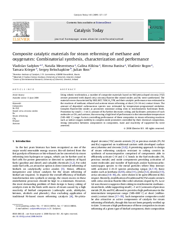 (PDF) Composite catalytic materials for steam reforming of methane and ...