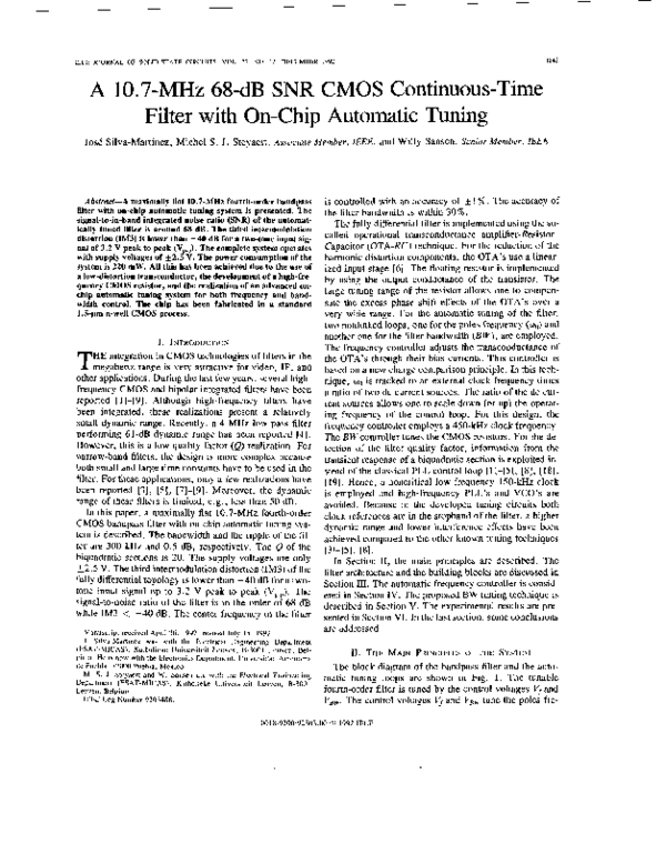 Pdf A 107 Mhz 68 Db Snr Cmos Continuous Time Filter With On Chip