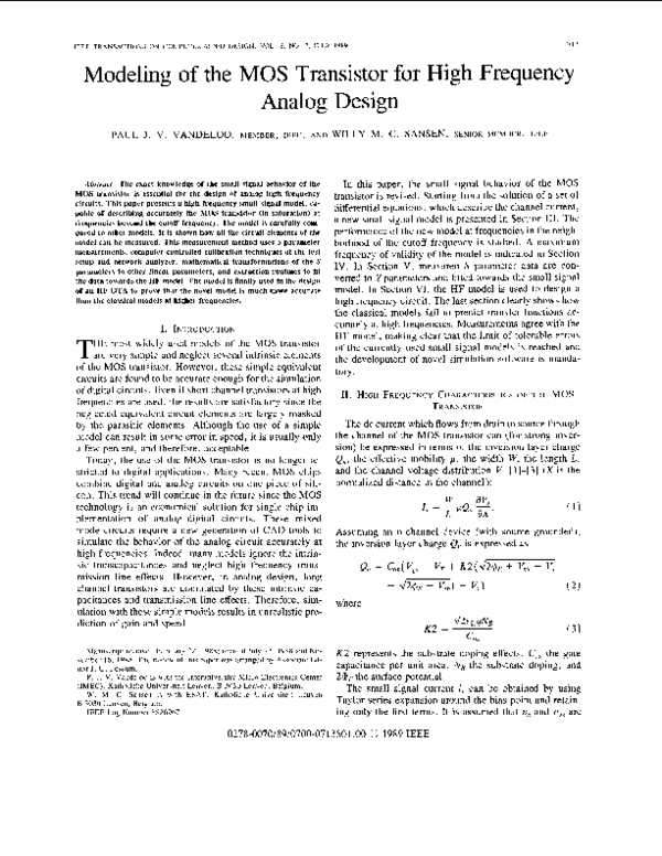Pdf Modeling Of The Mos Transistor For High Frequency Analog Design