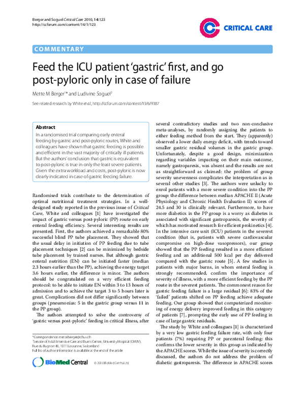 (PDF) Feed the ICU patient 'gastric' first, and go post-pyloric only in ...