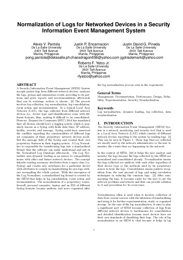 Normalization of Logs for Networked Devices in a Security Information ...