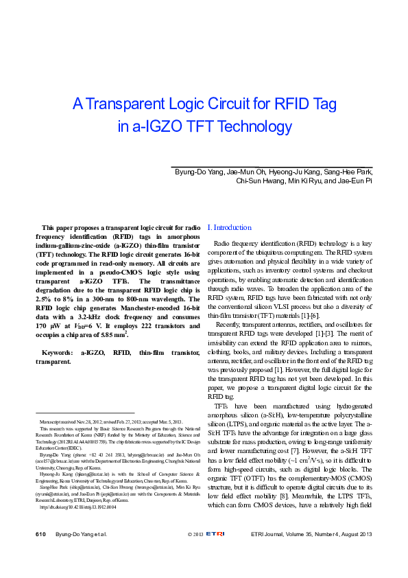 (PDF) A Transparent Logic Circuit for RFID Tag in a-IGZO TFT Technology