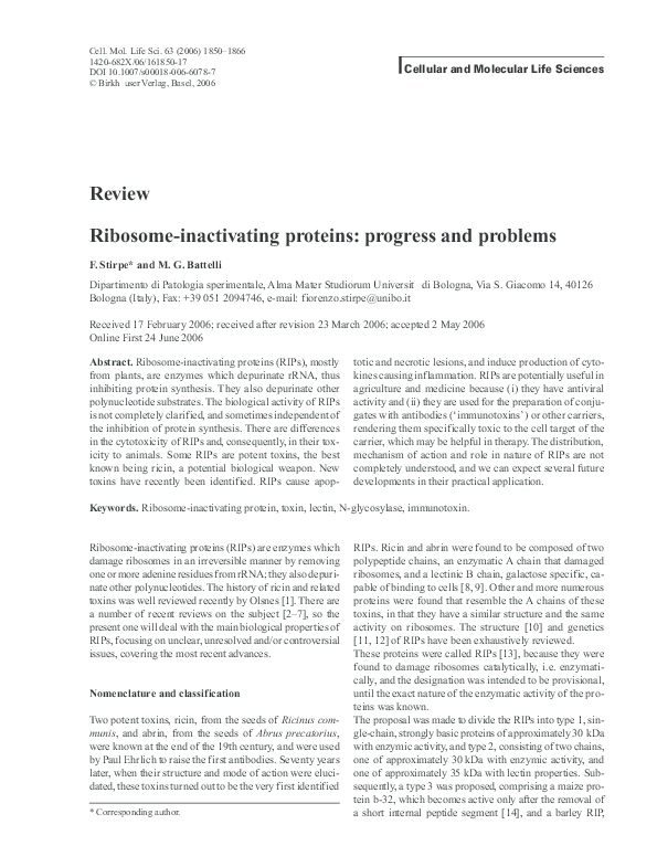 (PDF) Ribosome-inactivating proteins: progress and problems